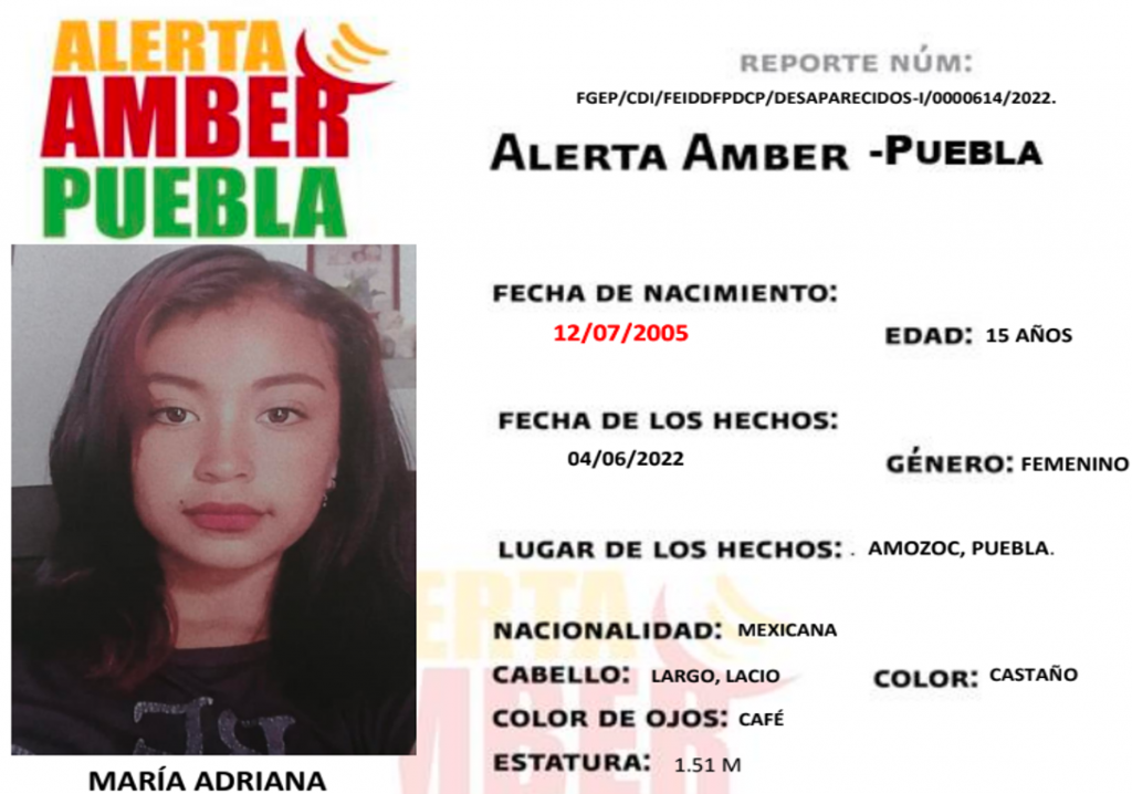 Activación alerta AMBER María Adriana Martínez Sánchez