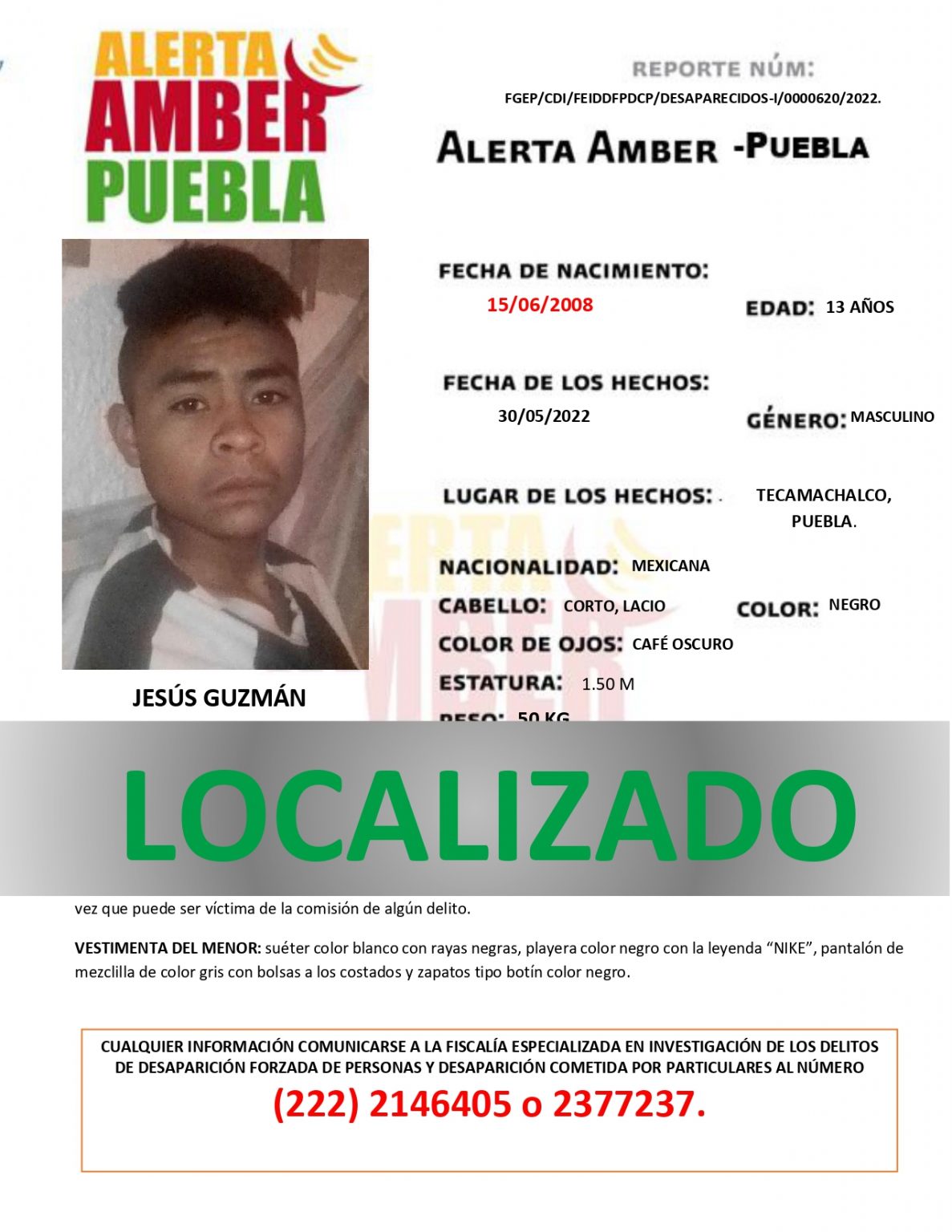 Se desactiva la ALERTA AMBER del menor JESÚS GUZMÁN BADILLO - Desde Puebla